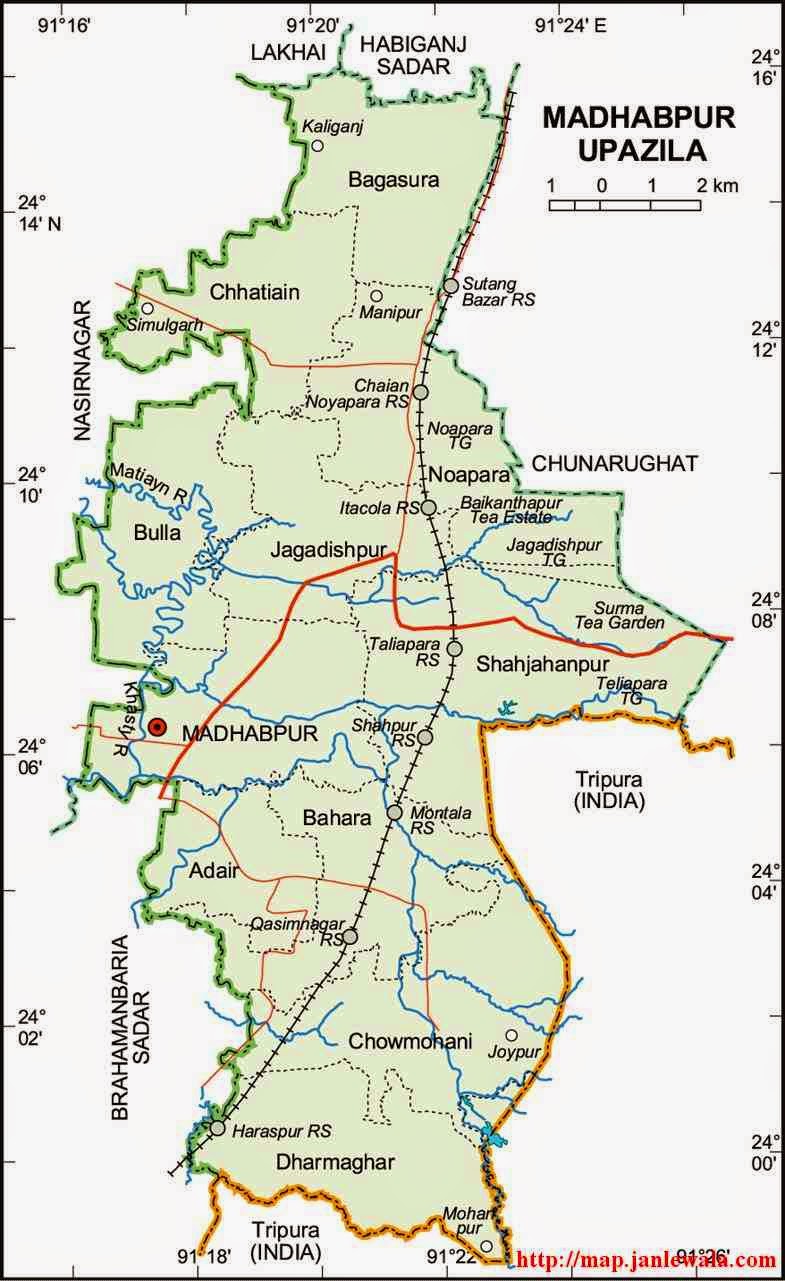 Madhabpur Upazila Map, Habiganj District, Bangladesh