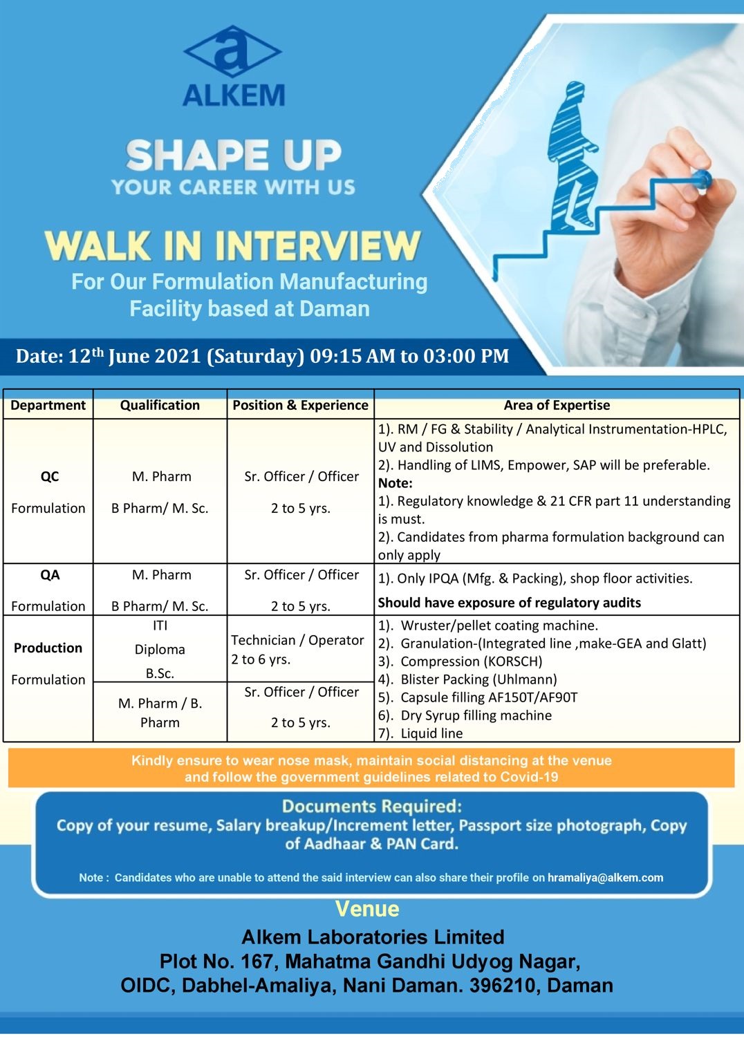 ALKEM LABORATORIES LIMITED – WALK IN INTERVIEW FOR B. PHARM/ M. PHARM ...