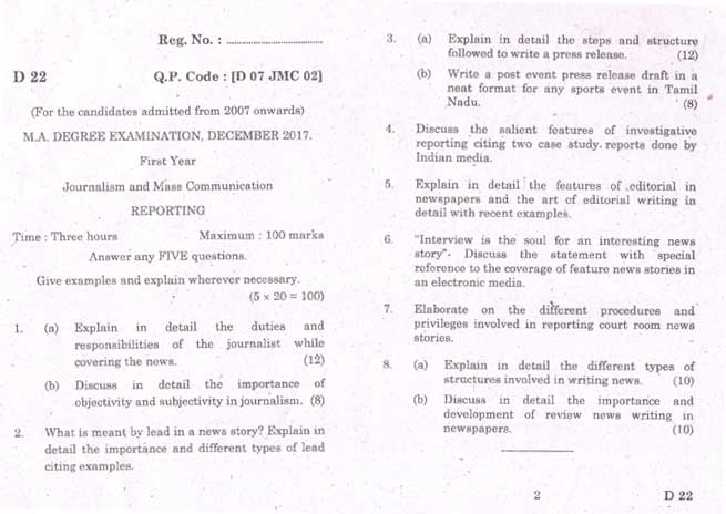 Bharathiar University M.A Journalism and Mass Communication REPORTING ...