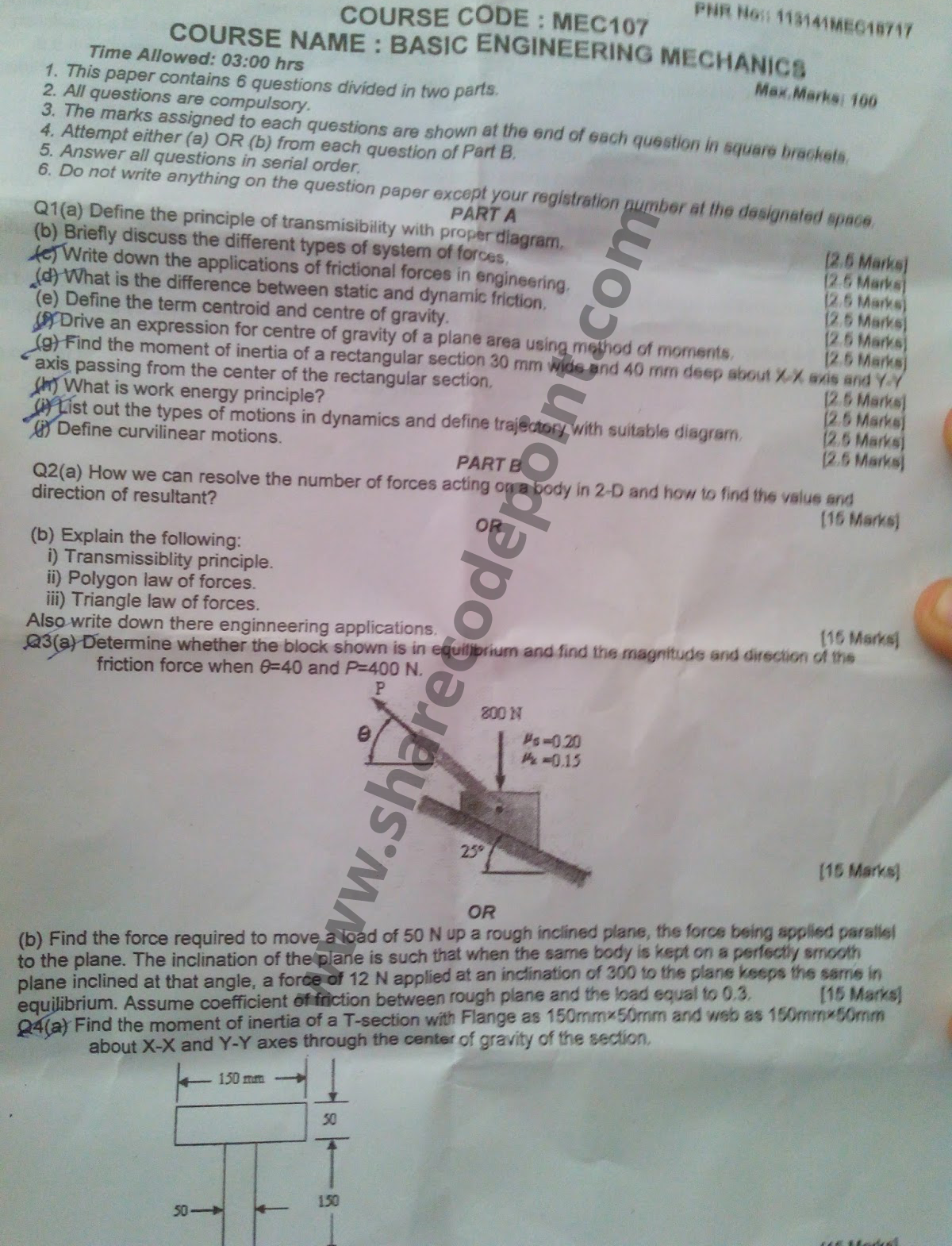 MEC107 : Basic Engineering Mechanics End Term Exam Question Paper - MEC ...