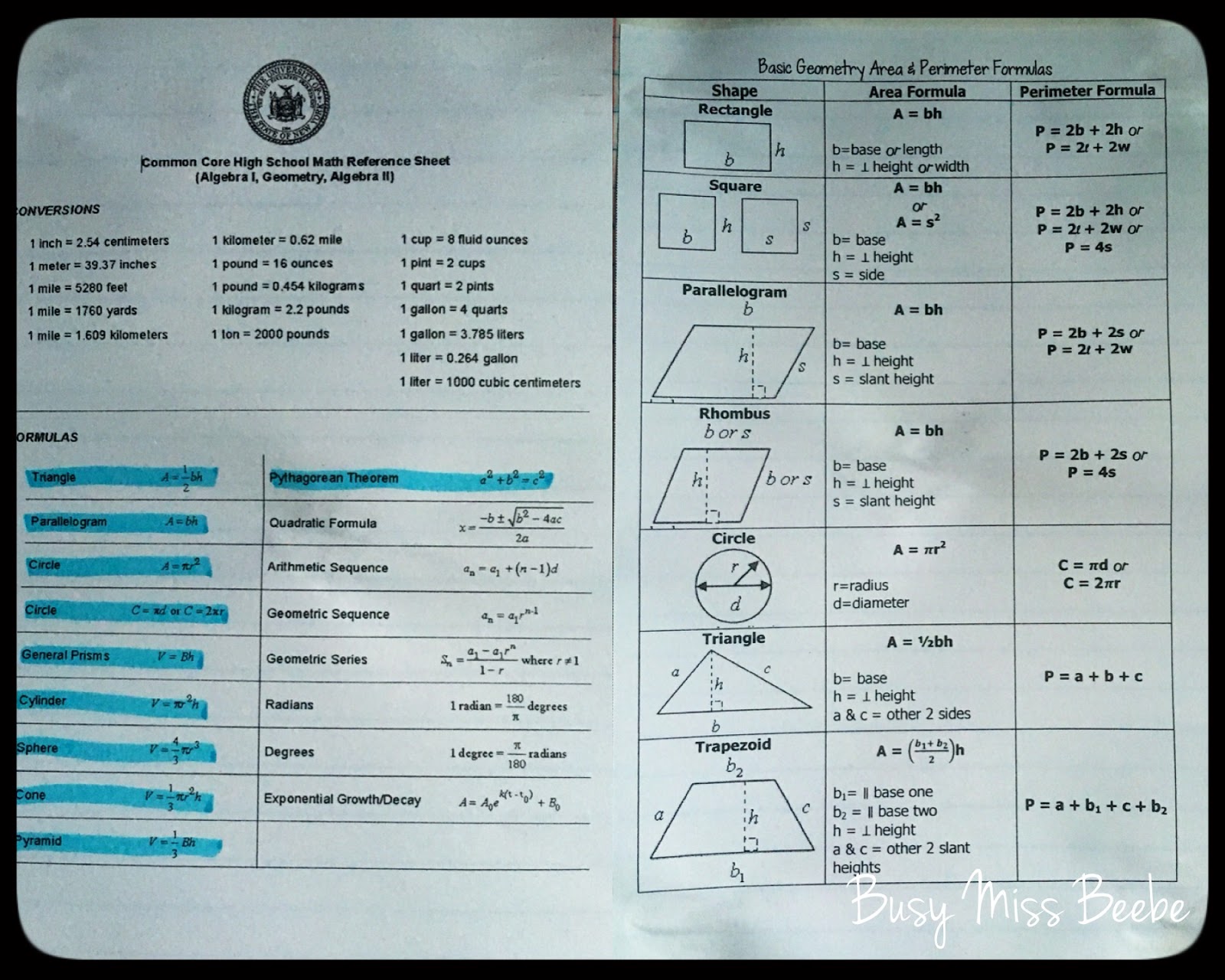 Geometry Area Formula Sheet