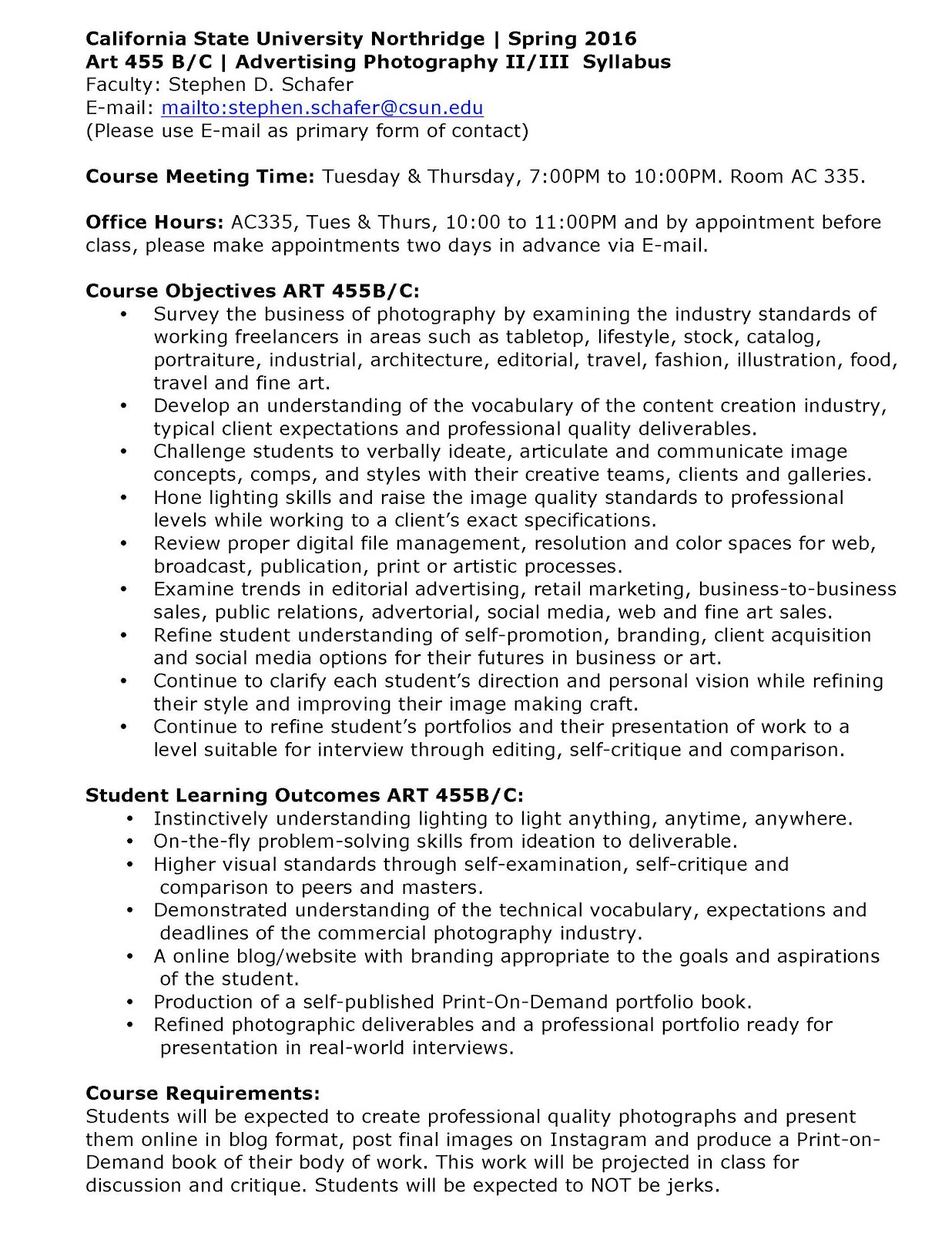 CSUN 455 B/C Spring 2016: Syllabus for Advertising Photography -ART 455 B/C