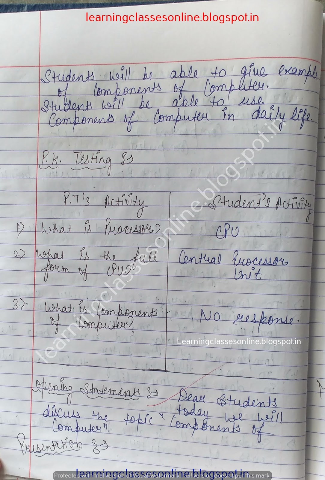 Lesson Plan For Computer Teachers on Components of computer