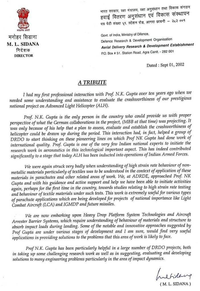 Prof. N K Gupta: Some research interactions, and Research Projects