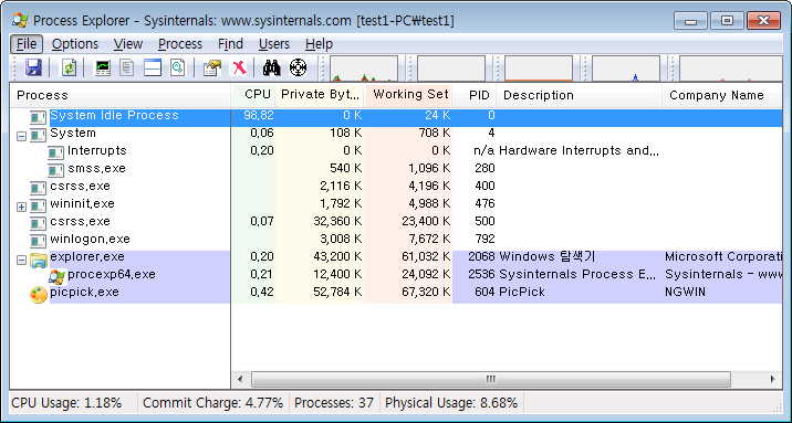 餘裕堂全書(여유당전서) : Utilize Me, 2002: Sysinternals Process Explorer (프로세스 익스플로러) 설명, 윈도우 작업관리자 대신 가능