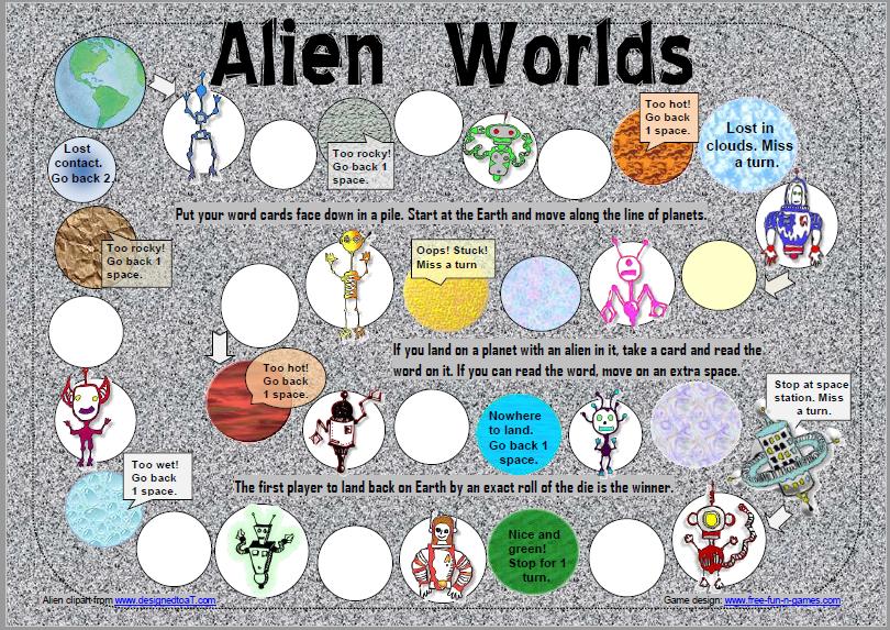 RSBF: "Alien Worlds" printable board game for Sight Vocab Cards