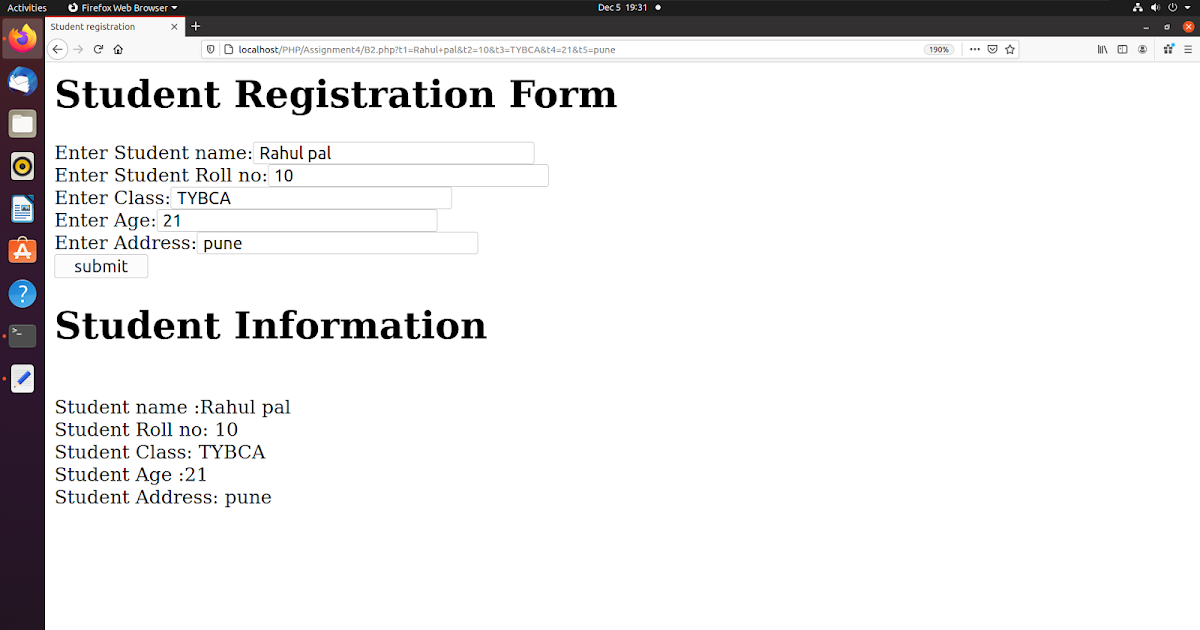 Write PHP program to create student registration form and display ...