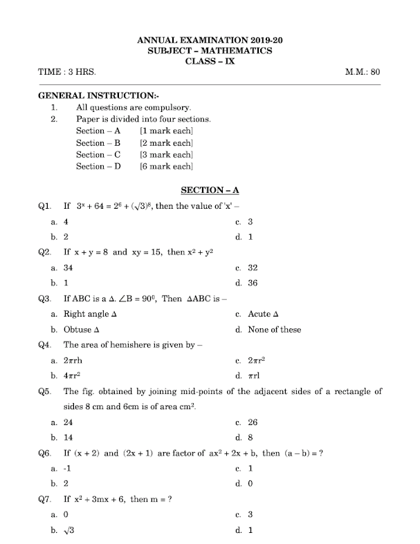 Sample Question paper for class 9th Mathematics (Annual Examination)