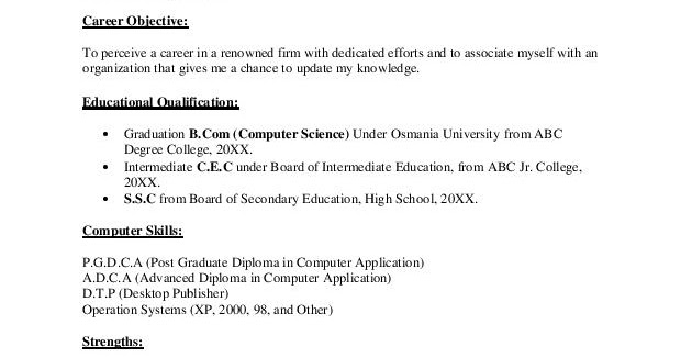 Download Computer Science Fresher Resume Sample | Graduate B.Com ...