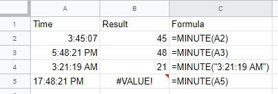 Google Sheets - MINUTE function