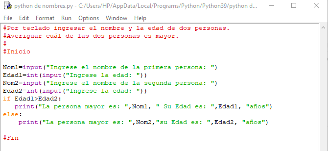 Diagrama de Flujo y Codificación de Python de Nombre y Edad de dos ...