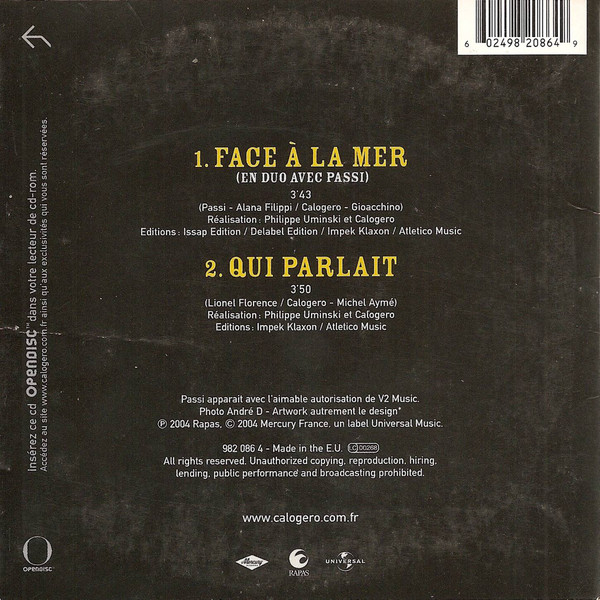 MUSICOLLECTION: CALOGERO & PASSI - Face A La Mer - CD 2Titres - 2004