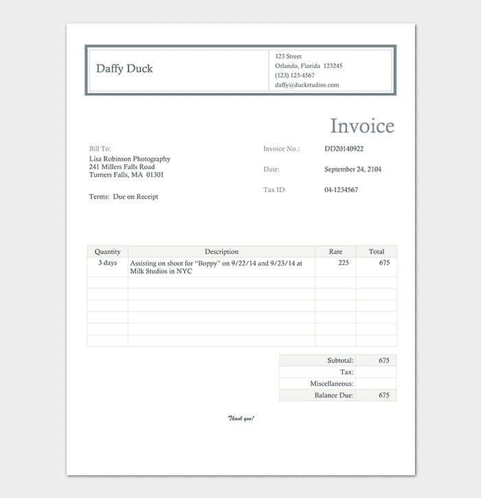 Photography Receipt Template - Invoice Template
