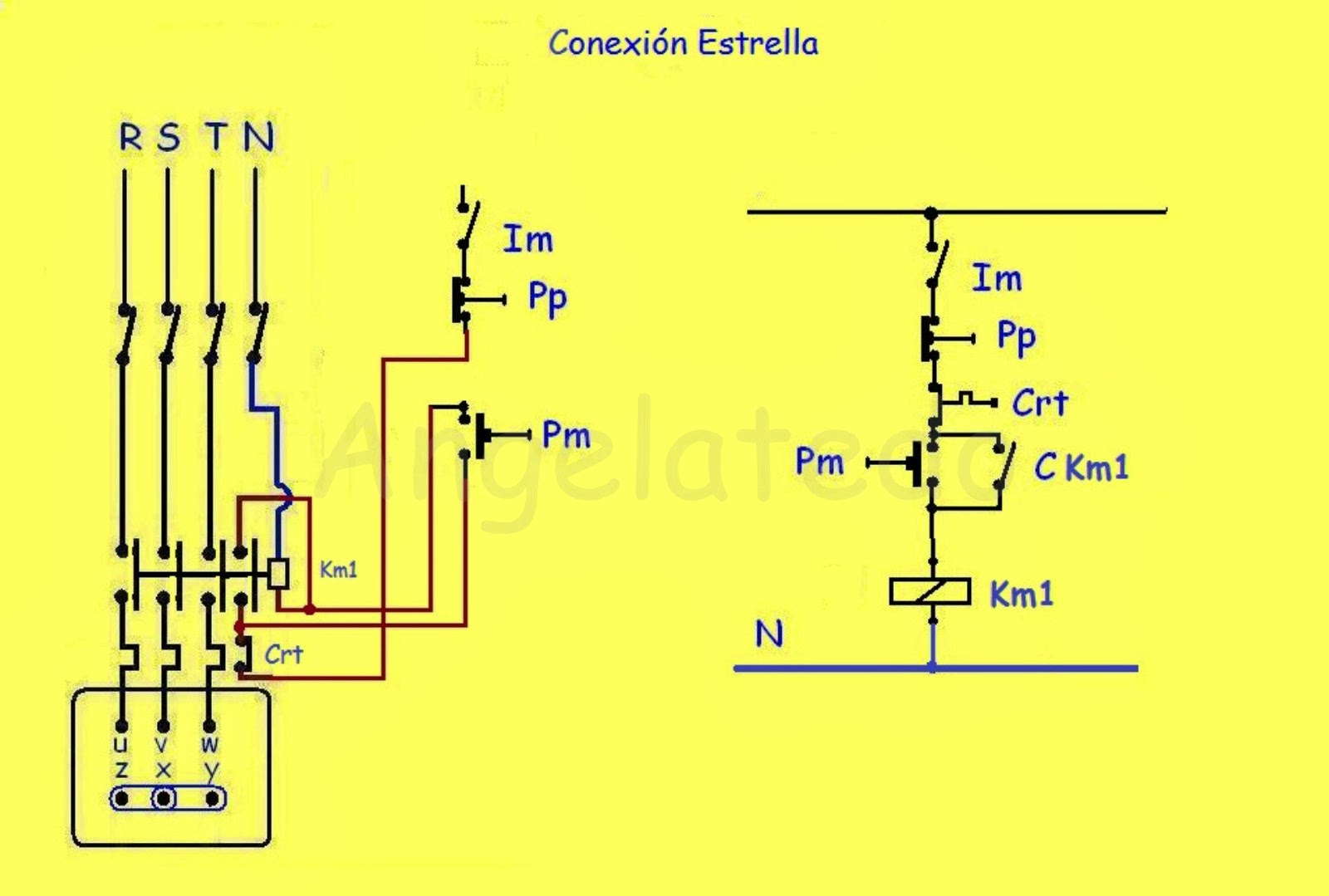 Conexión de motores trifásicos, esquemas de marcha paro