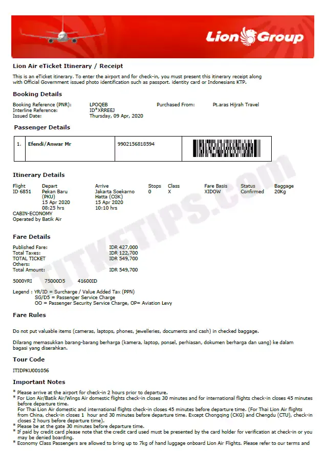Contoh Print Out E-Tiket beberapa Maskapai Penerbangan - TIKETIPS.com
