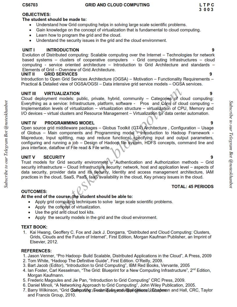 Cs6703 Grid And Cloud Computing Syllabus Semester Vii Cse Be Anna University Regulation 2013