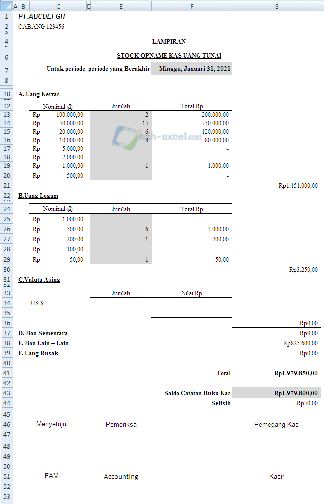 Contoh Form Stock Opname Kas di Excel - ADH-EXCEL.COM Tutorial