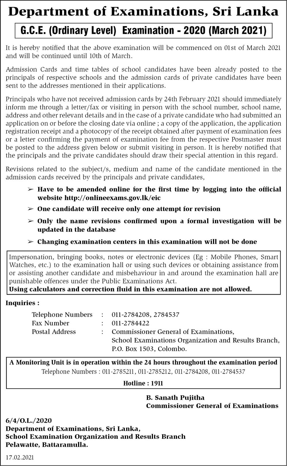 Important Notice: G.C.E. (Ordinary Level) Examination 2020 (March 2021)