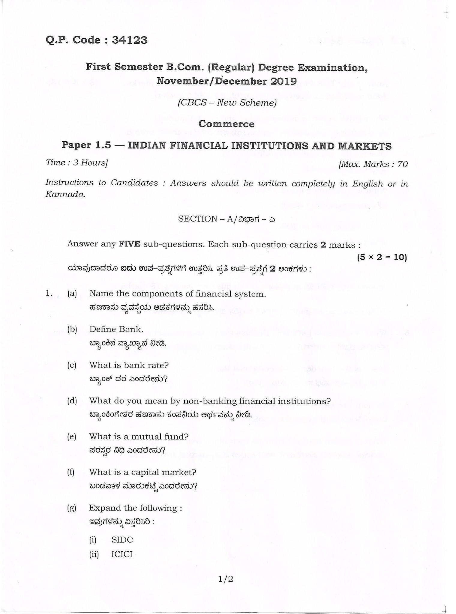 Bangalore University COMMERCE B.com. PAPER 1.5-INDIAN FINANCIAL ...