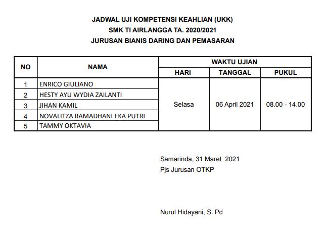 SMK TI Airlangga Samarinda: Jadwal Pelaksanaan Uji Kompetensi Keahlian (UKK) Tahun 2021