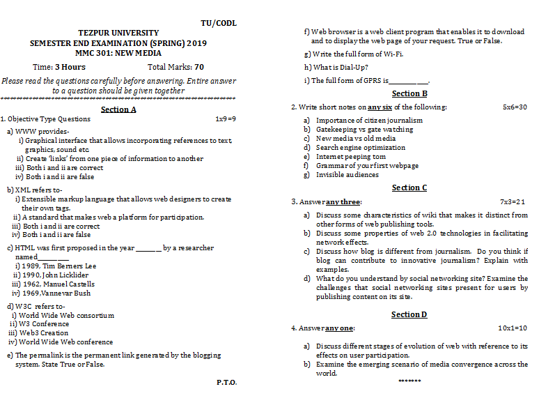 TEZPUR UNIVERSITY (TU/CODL) SEMESTER END MMC 301: NEW MEDIA - (SPRING ...
