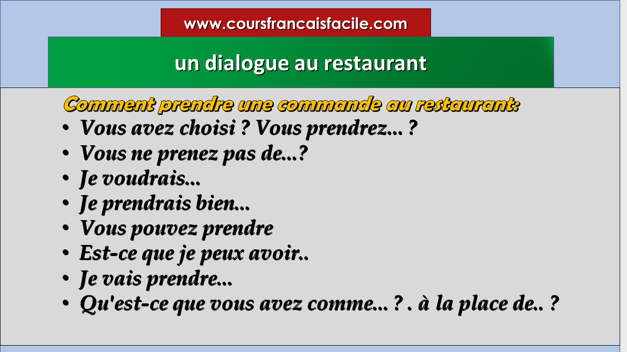 au restaurant vocabulaire pdf
