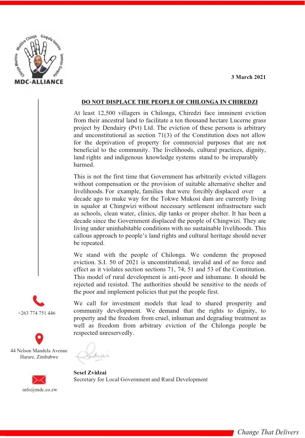 CHAMISA SLAMS ED OVER CHILONGA EVICTIONS newsdzeZimbabweNewsdzeZimbabwe