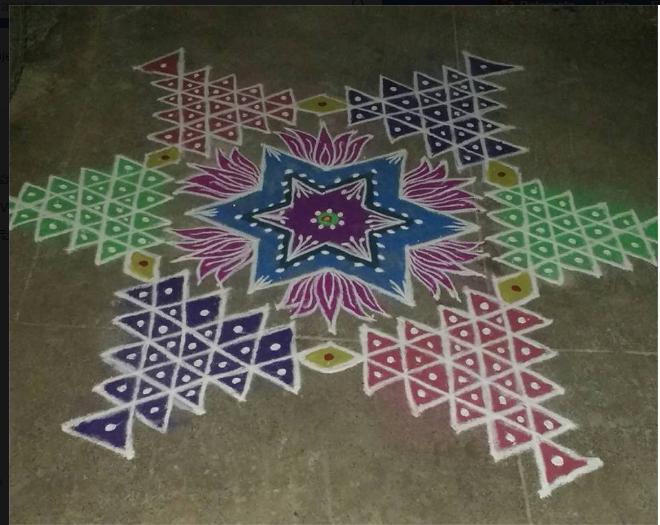 TELUGU WEB WORLD: HUGE FIRE FLOWER WITH SECTION TRIANGLES RANGOLI ART