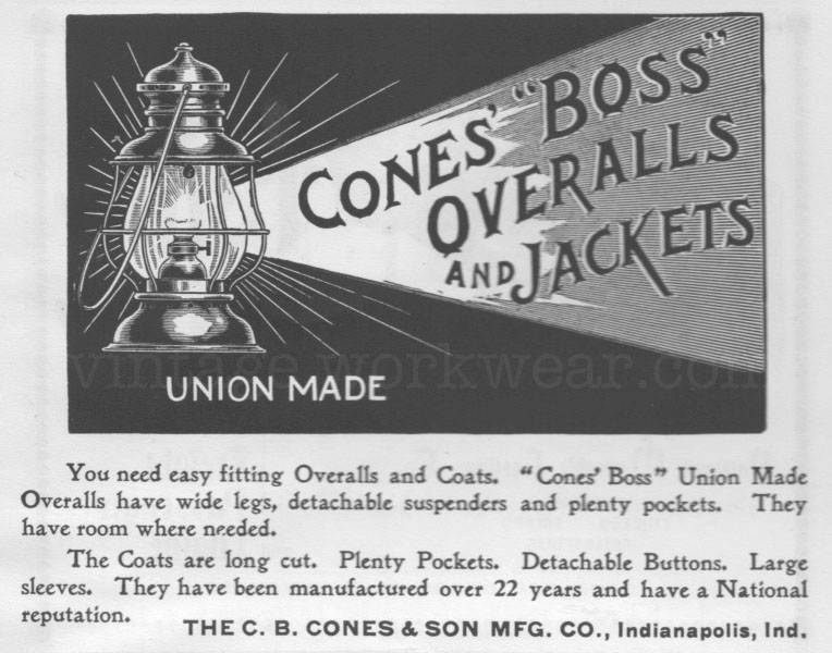 vintage workwear: CONES "BOSS" OVERALLS and JACKETS 1901 Print Ad