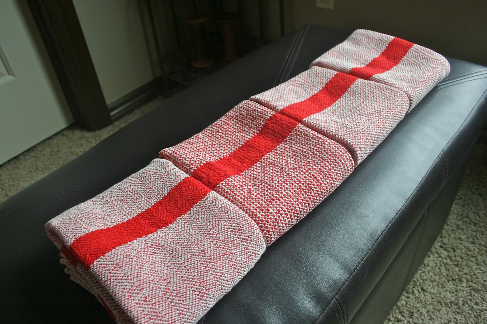 More Hours Per Day: Red/Natural Striped Kitchen Towels