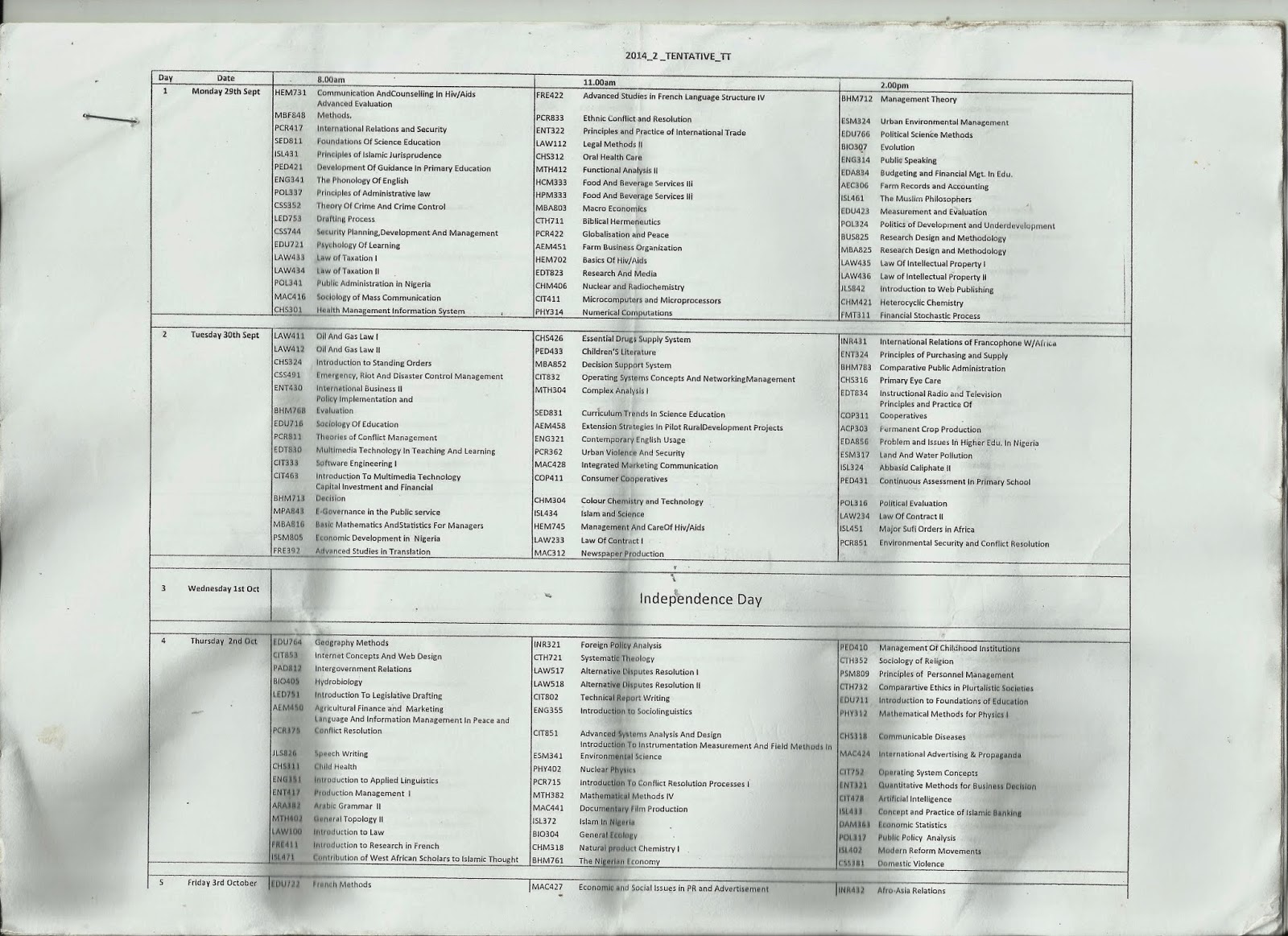SEPTEMBER 2014 EXAMINATION TIME TABLES (POP & E-EXAM). | National Open ...