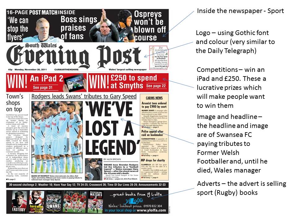 David Adams A2 Media: South Wales Evening Post Front Cover