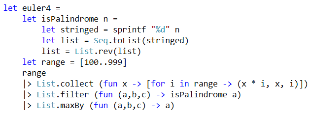 Jeremy Bytes: Functional Practice: Euler Problem #4 in F# - Palindromes Jeremy Bytes: Functional Practice: Euler Problem #4 in F# - Palindromes