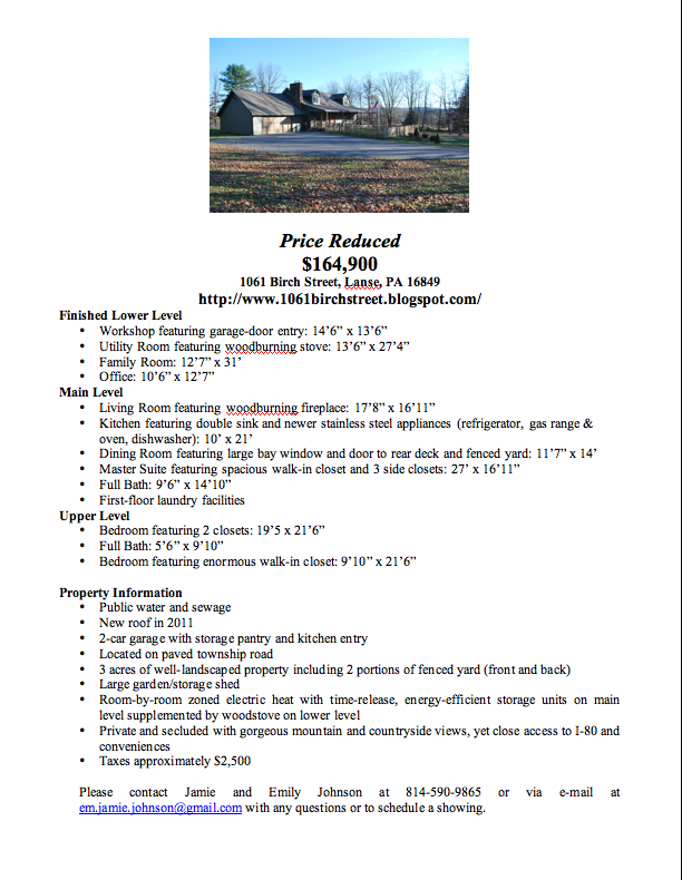 House + 3 Acres for Sale: Lanse, PA 16849: House Information Sheet