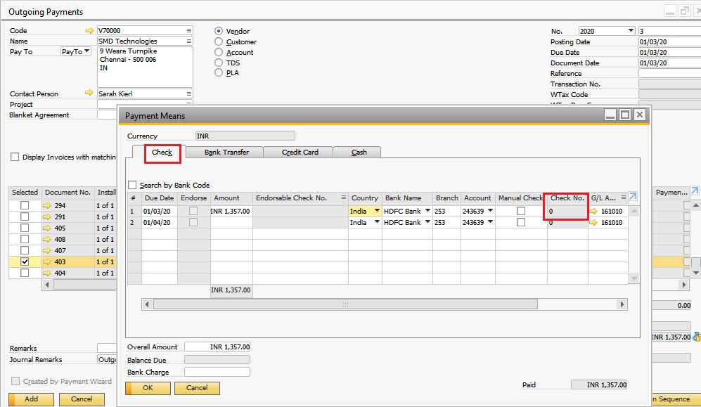 SAP Business One Knowledge: Auto-Numbering Check Set-up in SAP Business One