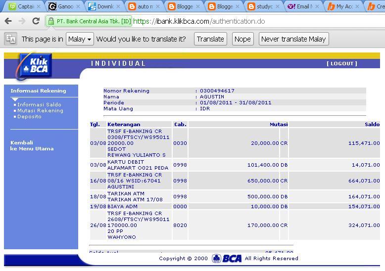 Print-out KLIK BCA dan BUKU TABUNGAN agustin AGUSTIN 7000327424 | women ...