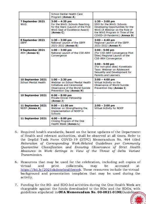 DEPED SCHEDULED/SUGGESTED ACTIVITIES DURING THE ONE HEALTH WEEK ...