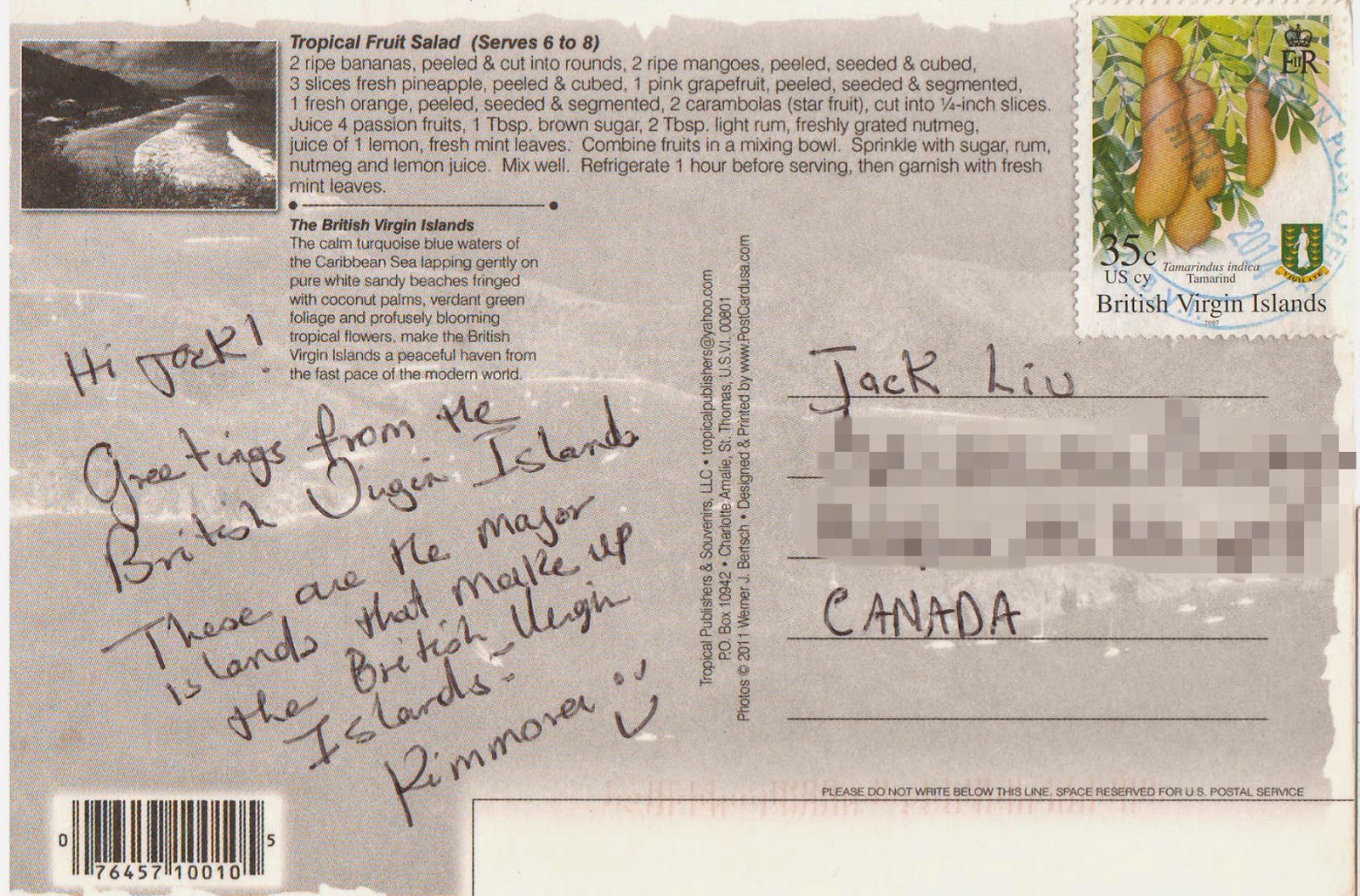 One postcard, One world: Postcard from British Virgin Islands - "A ...