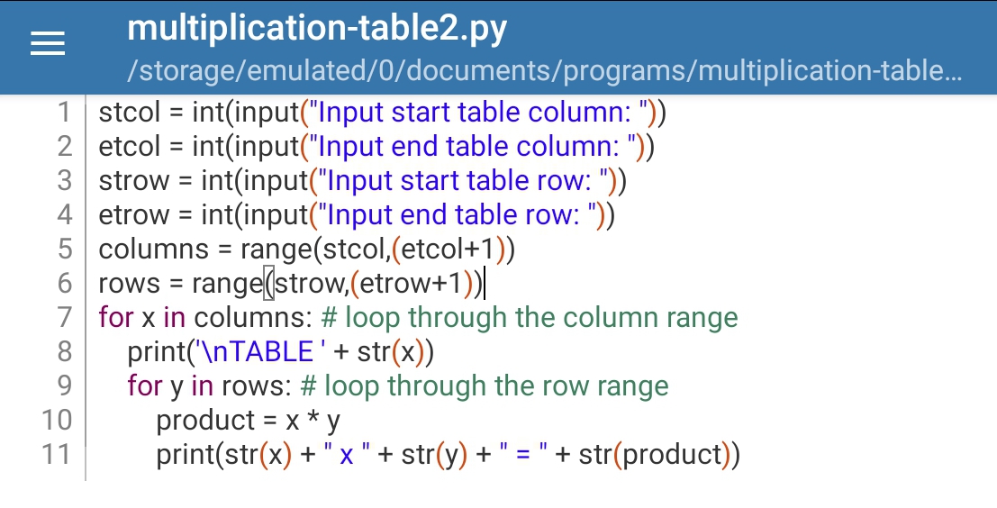Educlancy Python Multiplication Table Of Specified Number Of Columns And Rows Using Python User