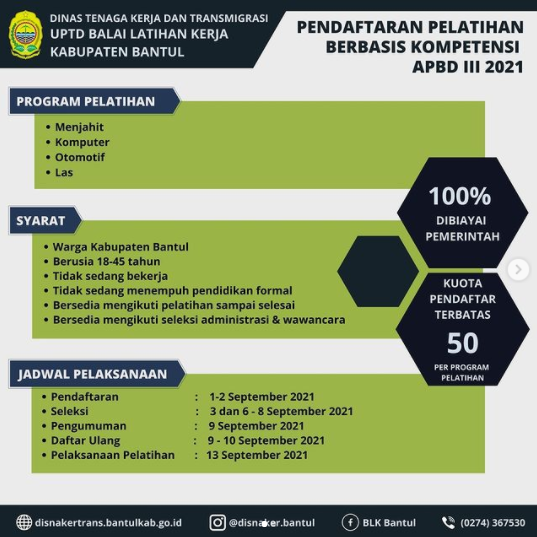 Pendaftaran Pelatihan Kerja Gratis Berbasis Kompetensi (PBK) APBD Tahap 3 BLK Kabupaten Bantul ...