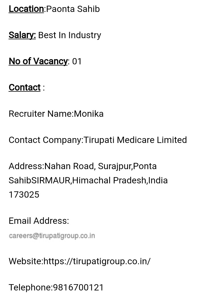 Tirupati Medicare Ltd Urgently Opening for Vice President Business ...