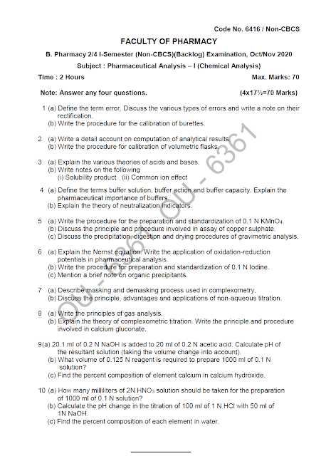 Osmania University B. Pharmacy 2/4 I Semester (NON-CBCS) (Backlog ...