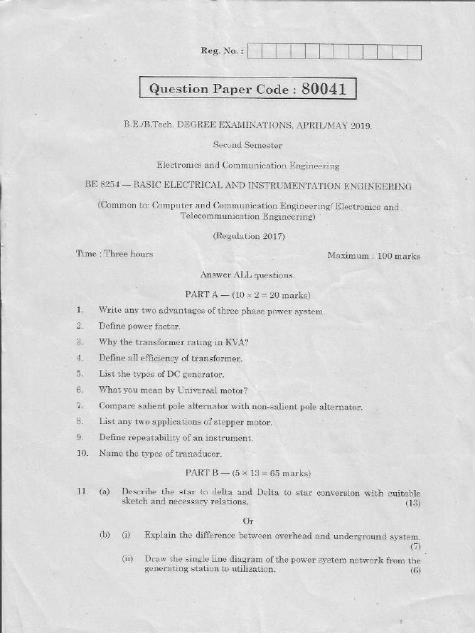 Anna University BE 8254 — BASIC ELECTRICAL AND INSTRUMENTATION ...