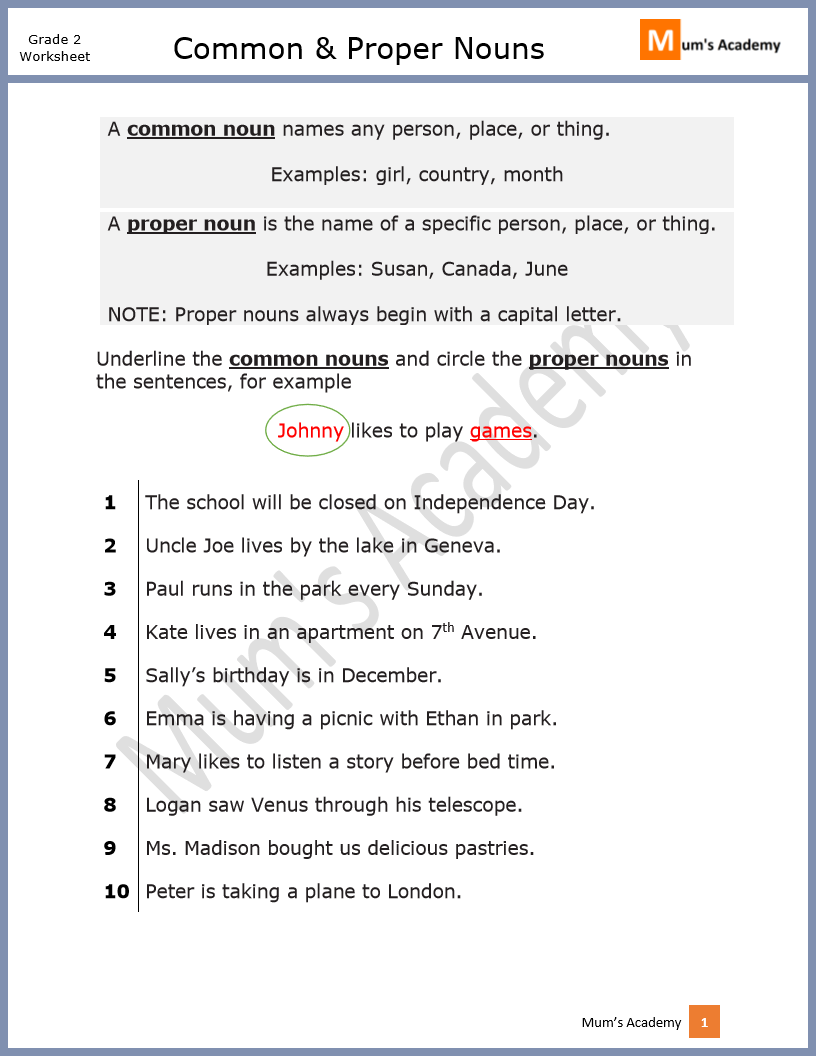 Grade 2 - Worksheet - Common & Proper Nouns - Mum's Academy