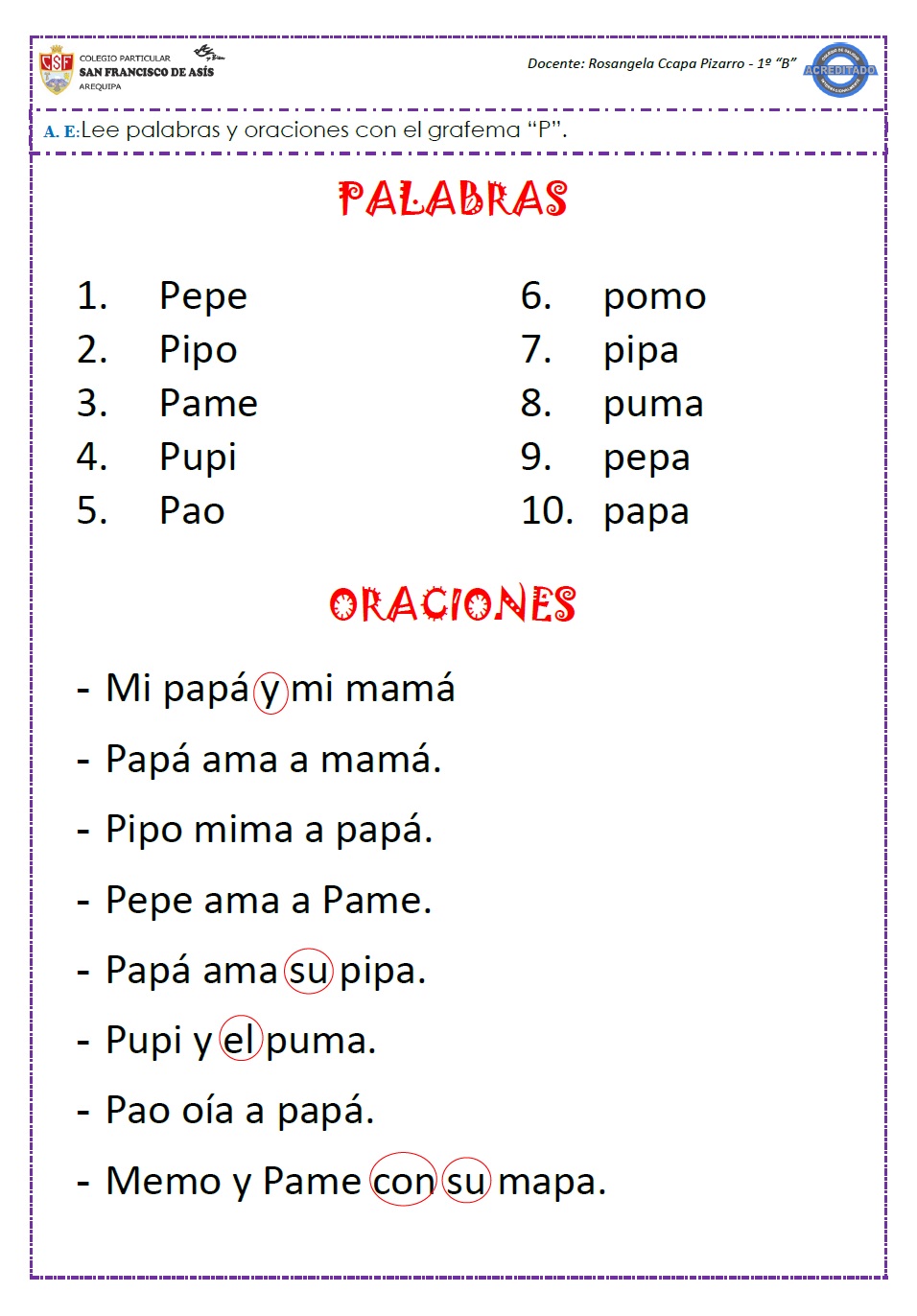 Comunicación 1º B: LECTURA Y DICTADO DEL GRAFEMA "P" - 06 DE ABRIL