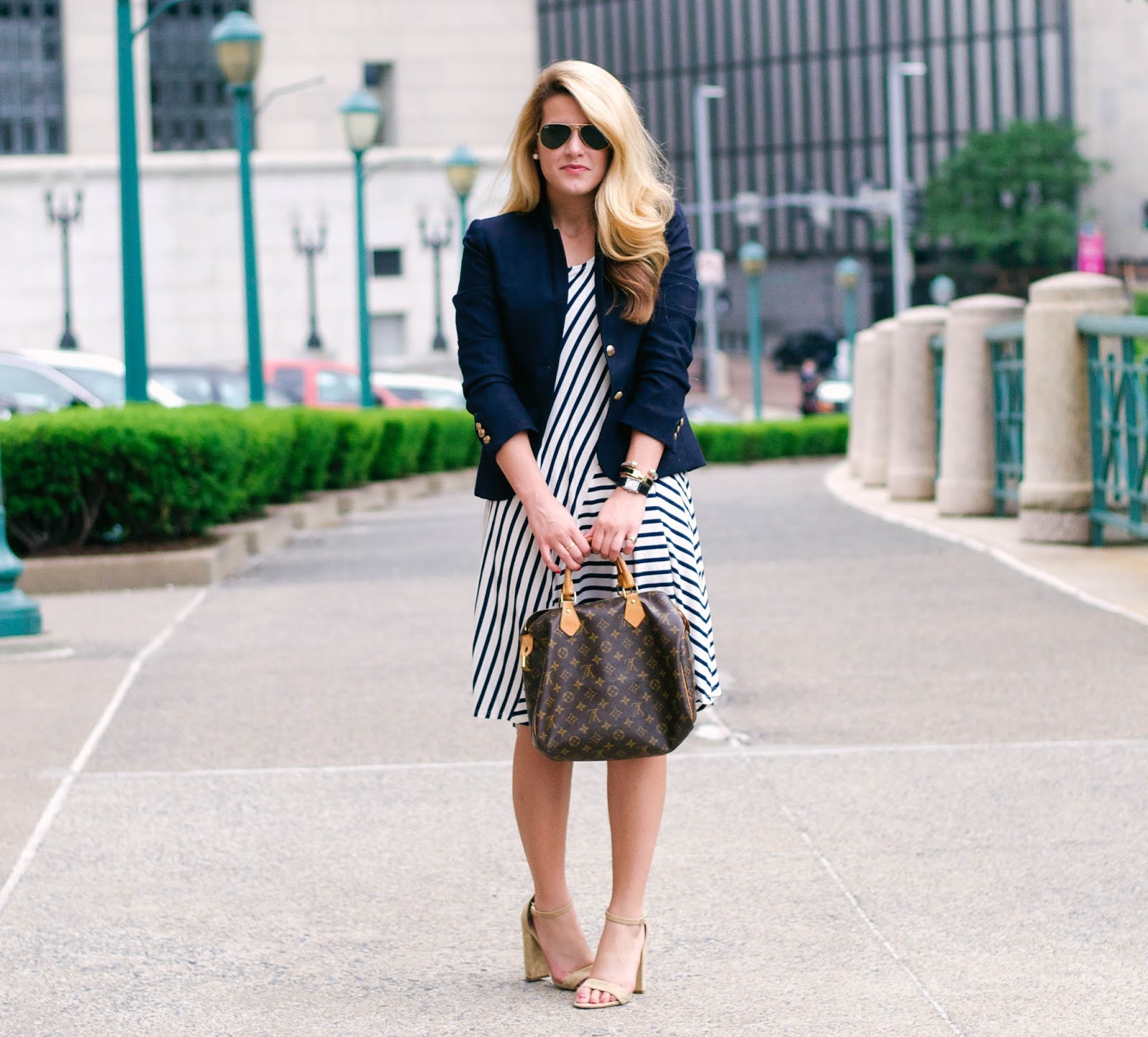 Summer Wind: Wear-To-Work: Navy and White Striped Dress with Navy Blazer