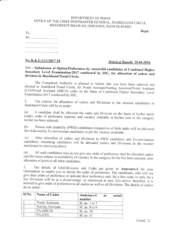 Option/preference letter to the selected candidates through CHSLE 2017 ...
