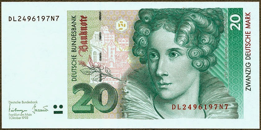 Germany 20 Deutsche Mark banknote 1993 Annette von Droste-Hülshoff ...