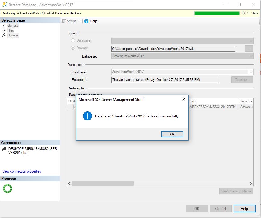 Restore AdventureWorks2017.bak file into SQL Server 2017 - Pubudu Dewagama