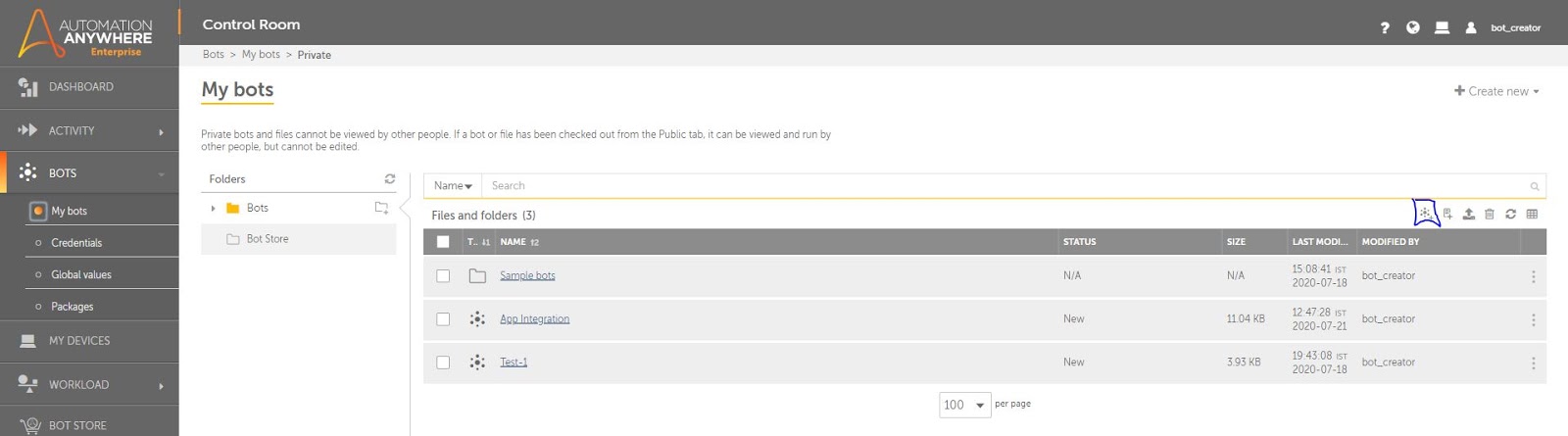 Bot Creator Interface and Analyze command